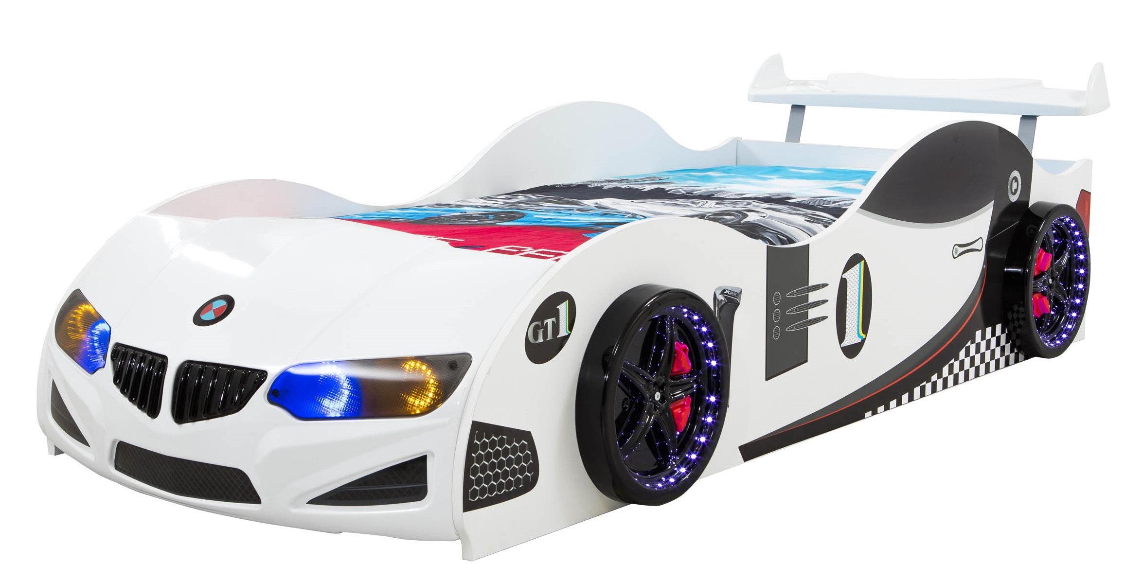 Sportsracer GT1 Træ Bilseng med LED-Lys og Lydpakke, Hvid (Udgået)