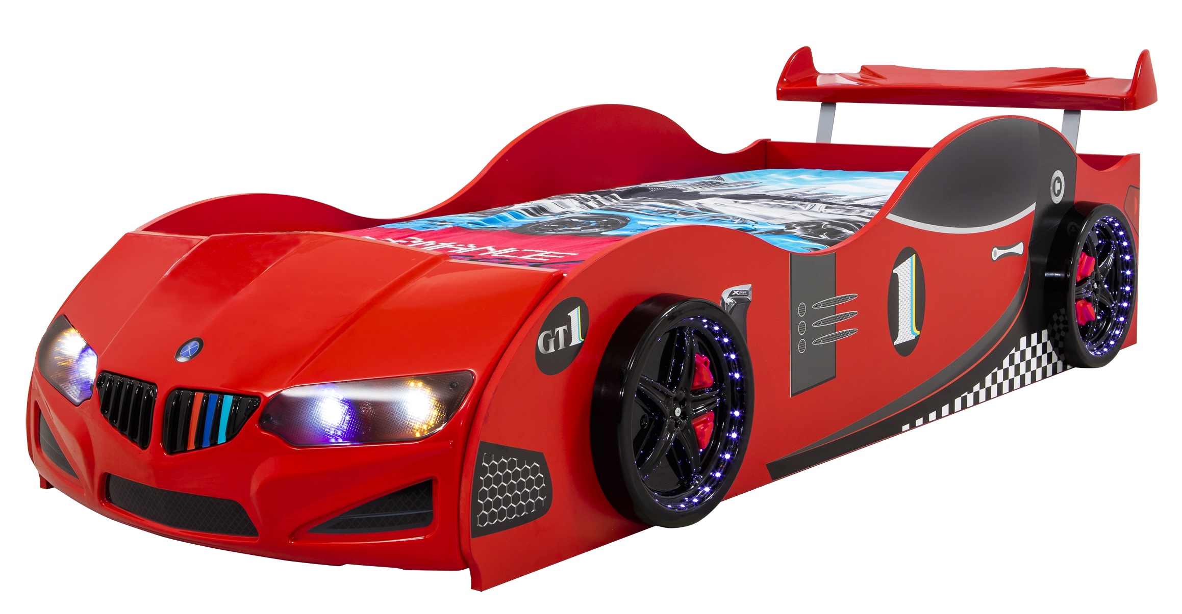 Sportsracer GT1 Træ Bilseng med LED-Lys og Lydpakke, Rød (Udgået)